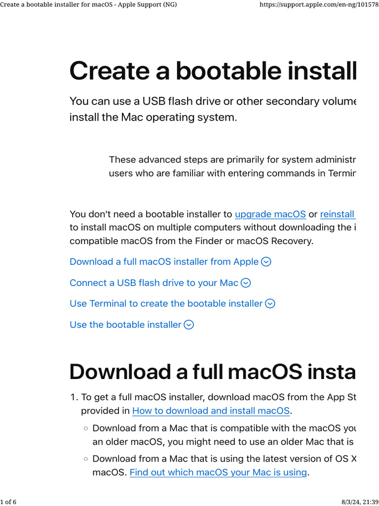 Create A Bootable Installer For macOS - Apple Support (NG) | PDF | Installation (Computer ...