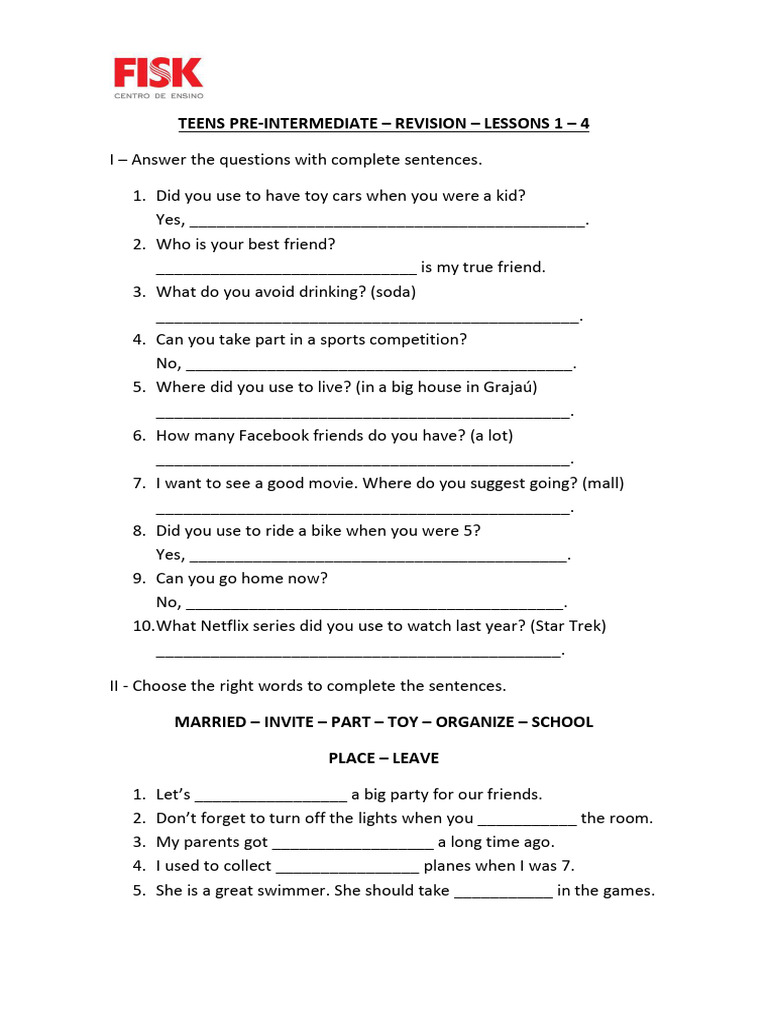 1 - 4 - REVISION - TEENS PRE-INTERMEDIATE | PDF