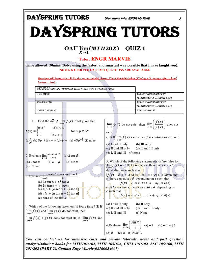 MTH201 Quiz 1 and Tutorial Information | PDF