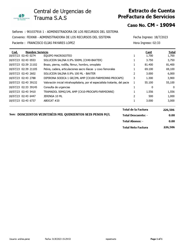 Central de Urgencias de Trauma S.A.S: Extracto de Cuenta Prefactura de Servicios CM - 19094 ...