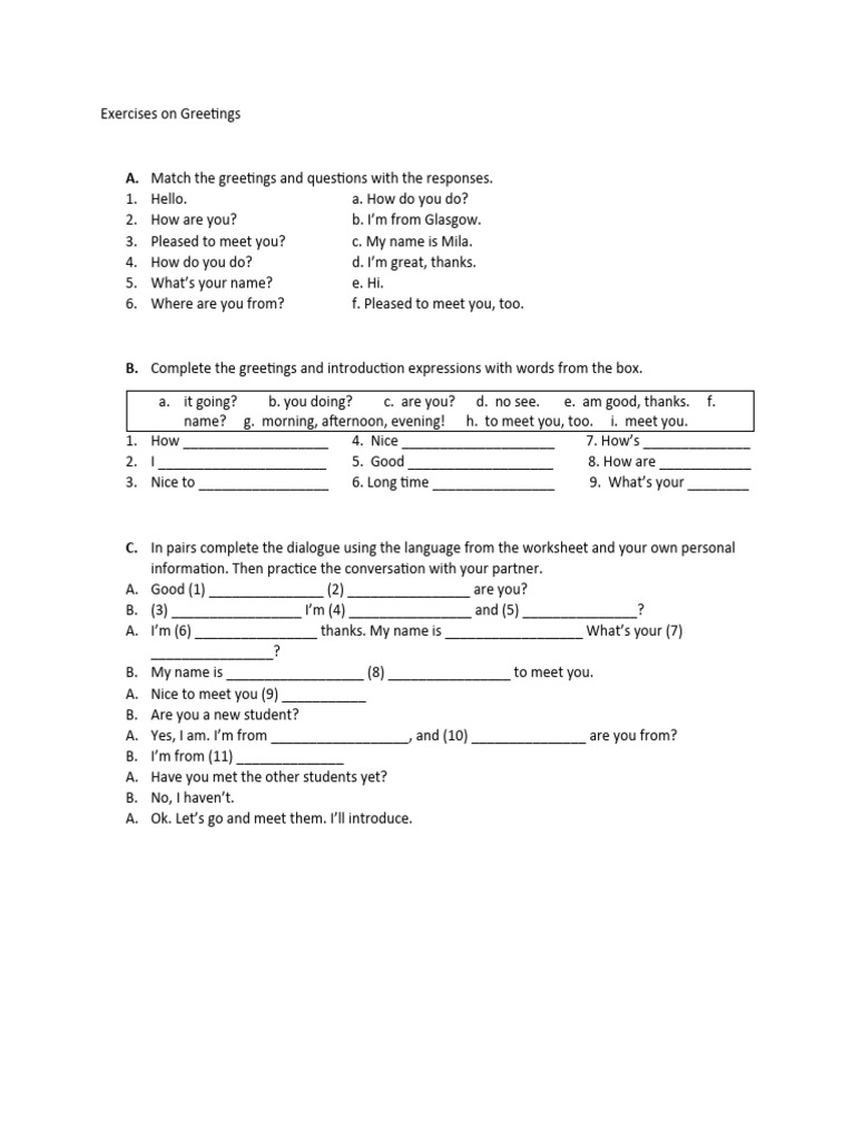 Exercises On Greetings 1 | PDF