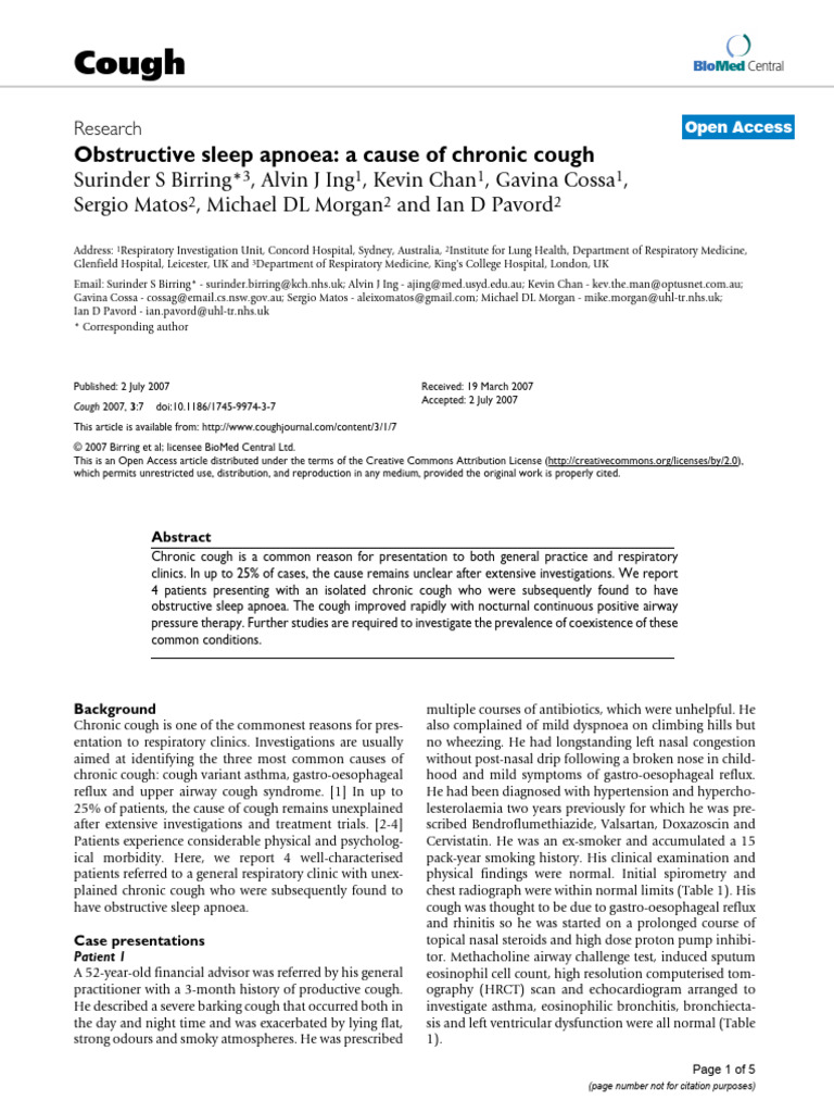 BIRRING 2007 Obstructive Sleep Apnoea A Cause of Chronic Cough | PDF | Cough | Asthma
