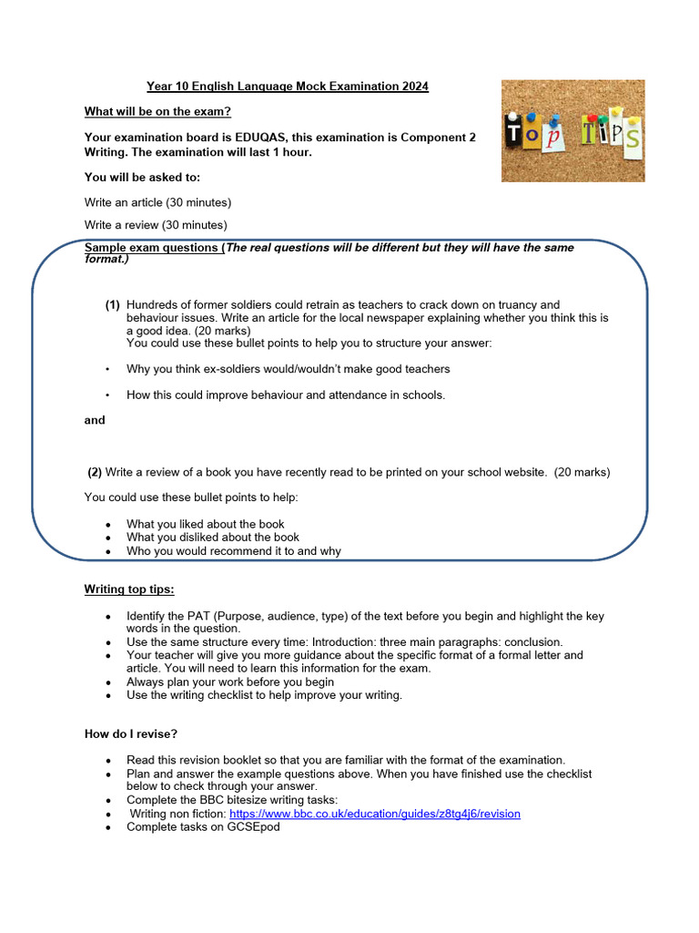 Year 10 English Language Exam Guide | PDF | Punctuation | Sentence ...