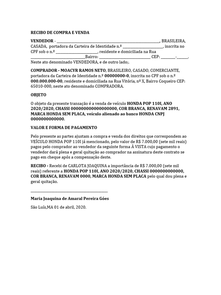 Modelo Recibo de Compra e Venda | PDF