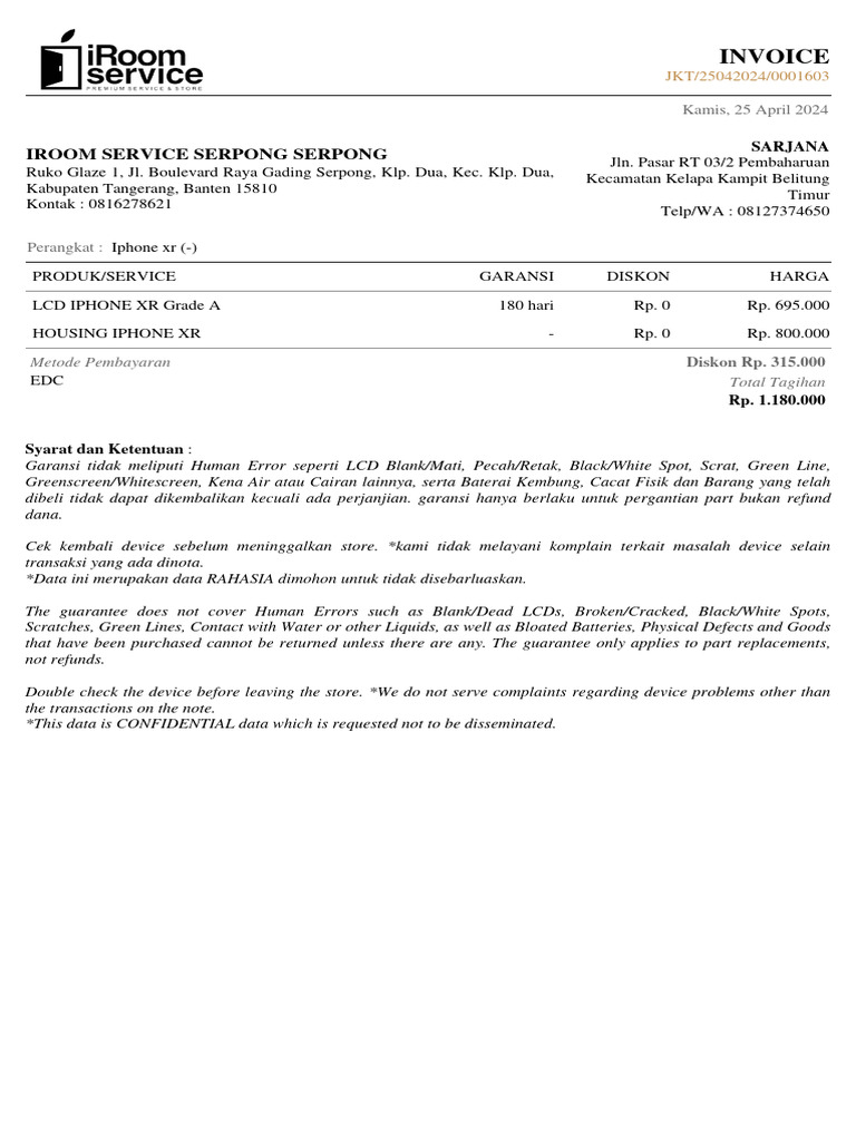 Nota Iroom Service JKT 1714020321 | PDF