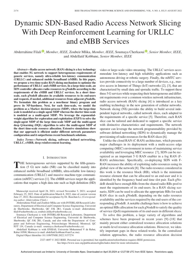 Dynamic Sdn Based Radio Access Network Slicing With Deep Reinforcement Learning For Urllc And