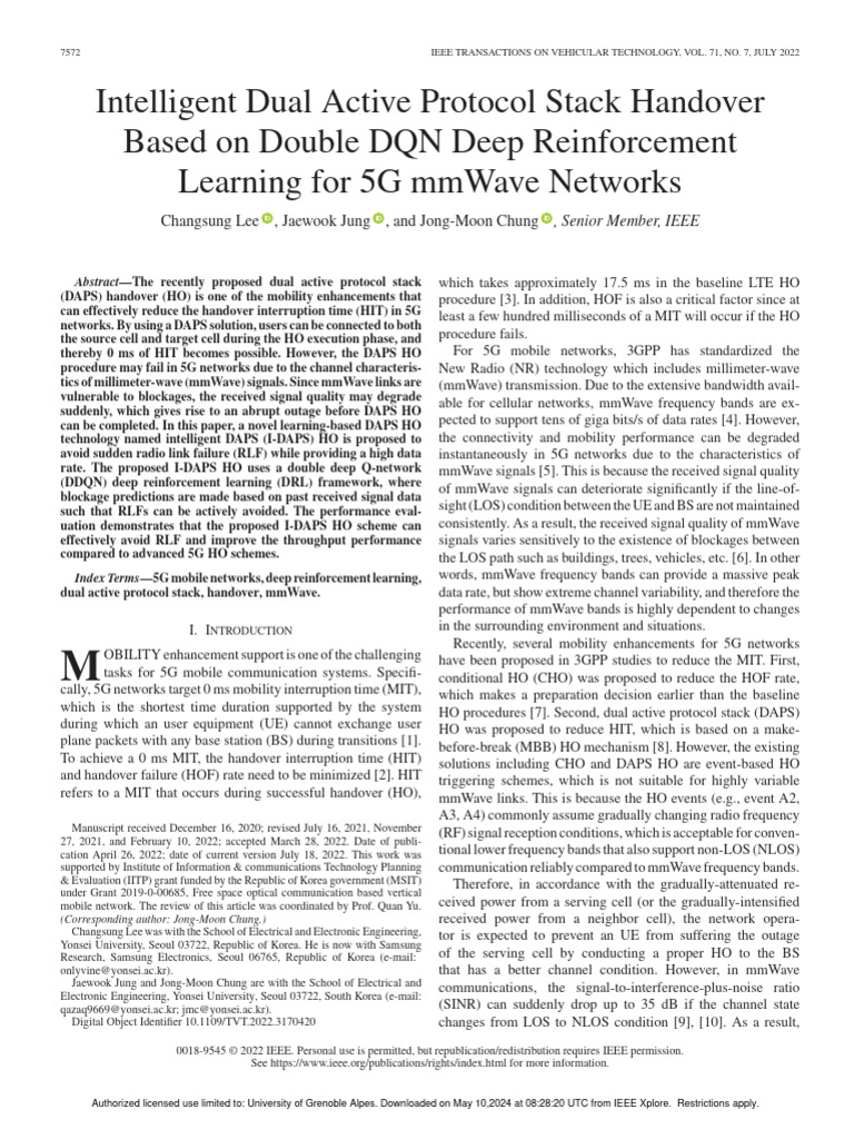 Intelligent Dual Active Protocol Stack Handover Based On Double DQN Deep Reinforcement Learning ...