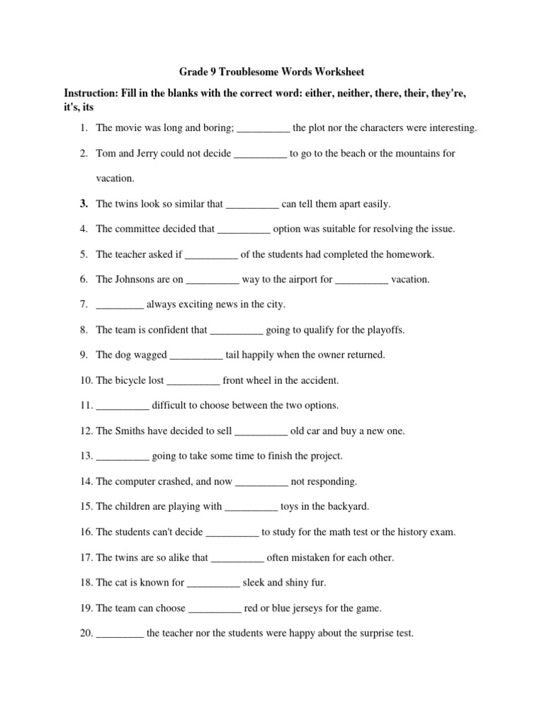 Troublsome Words Worksheet | PDF
