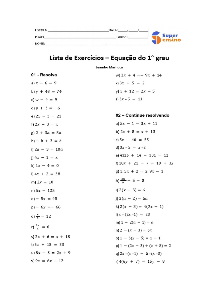 Lista de Exercícios - Equação 1 Grau Etec Ourinhos | PDF | Métodos e ...