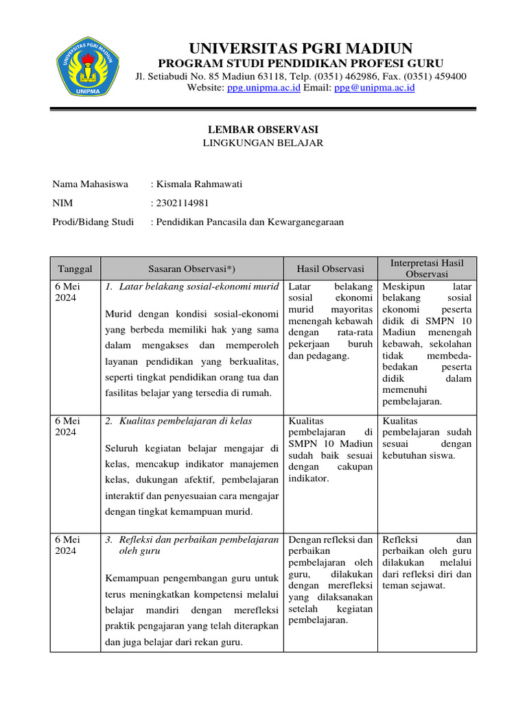 Checklist Observasi Psikologi Pendidikan | PDF