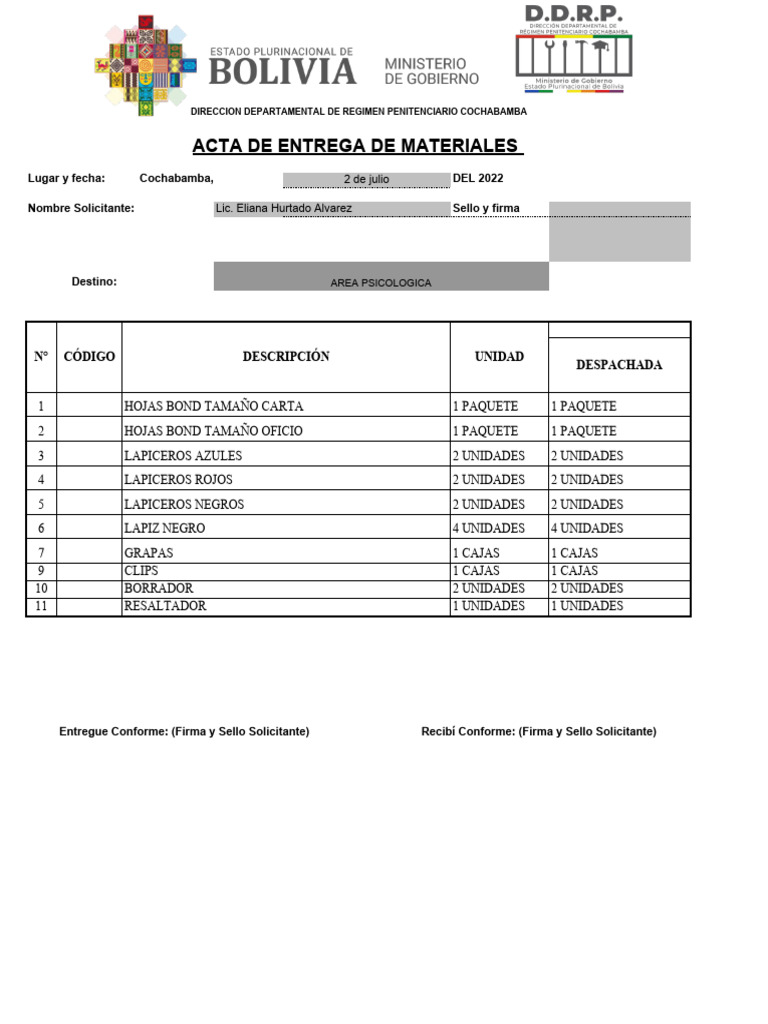 Acta de Requerimiento de Material | PDF
