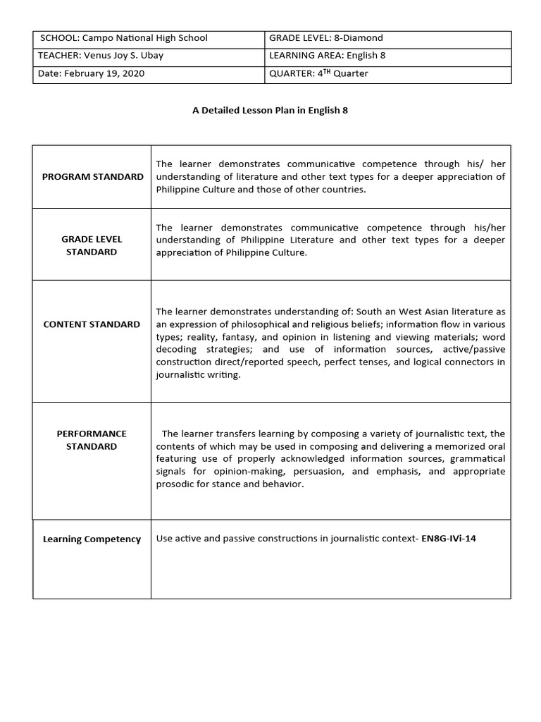 Lesson Plan in English 8 | PDF | Verb | Subject (Grammar)
