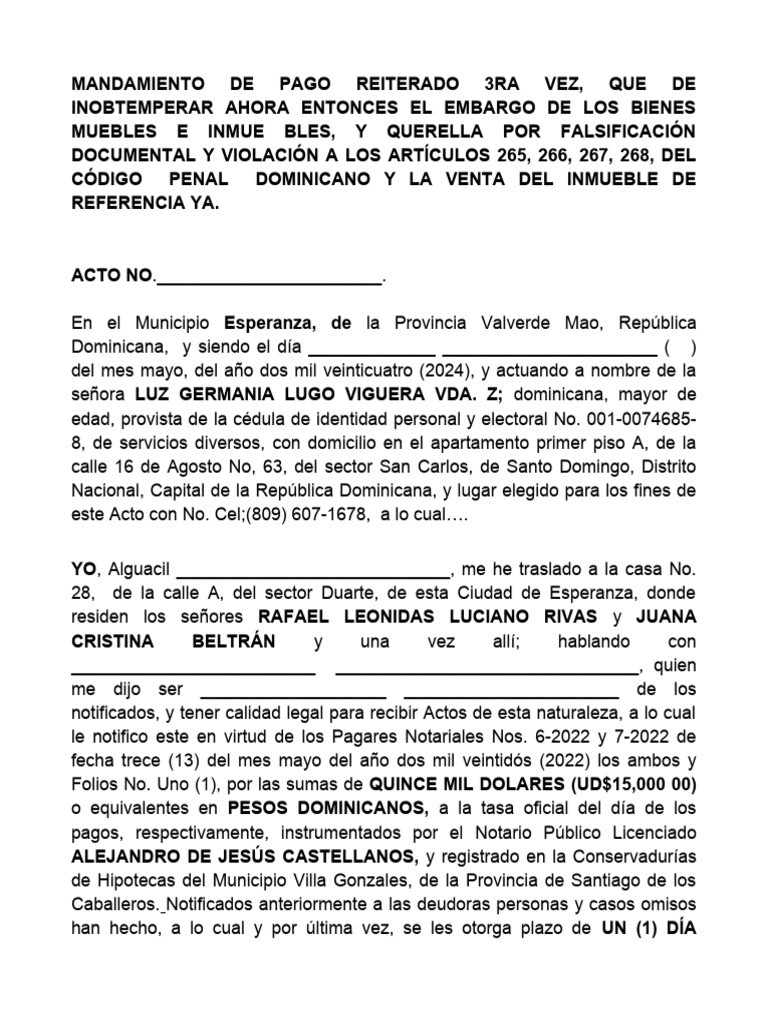 Mandamiento de Pago Reiterado 3ra Vez | PDF | República Dominicana ...
