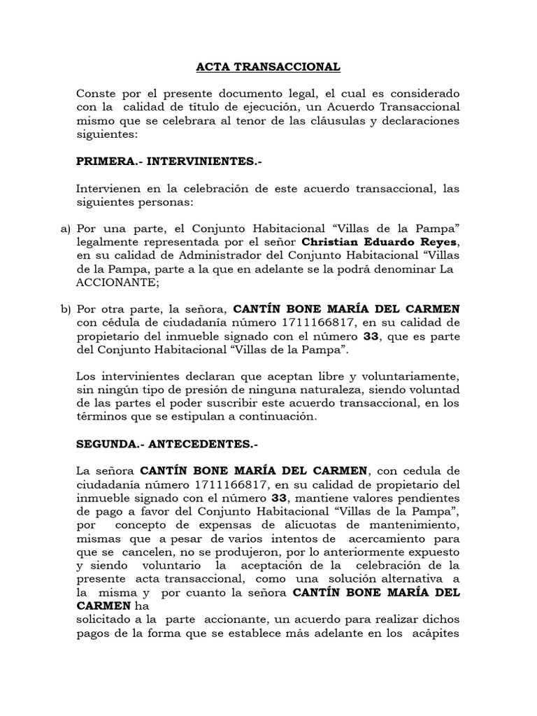 Acta Transaccional Casa 33 | PDF | Derecho