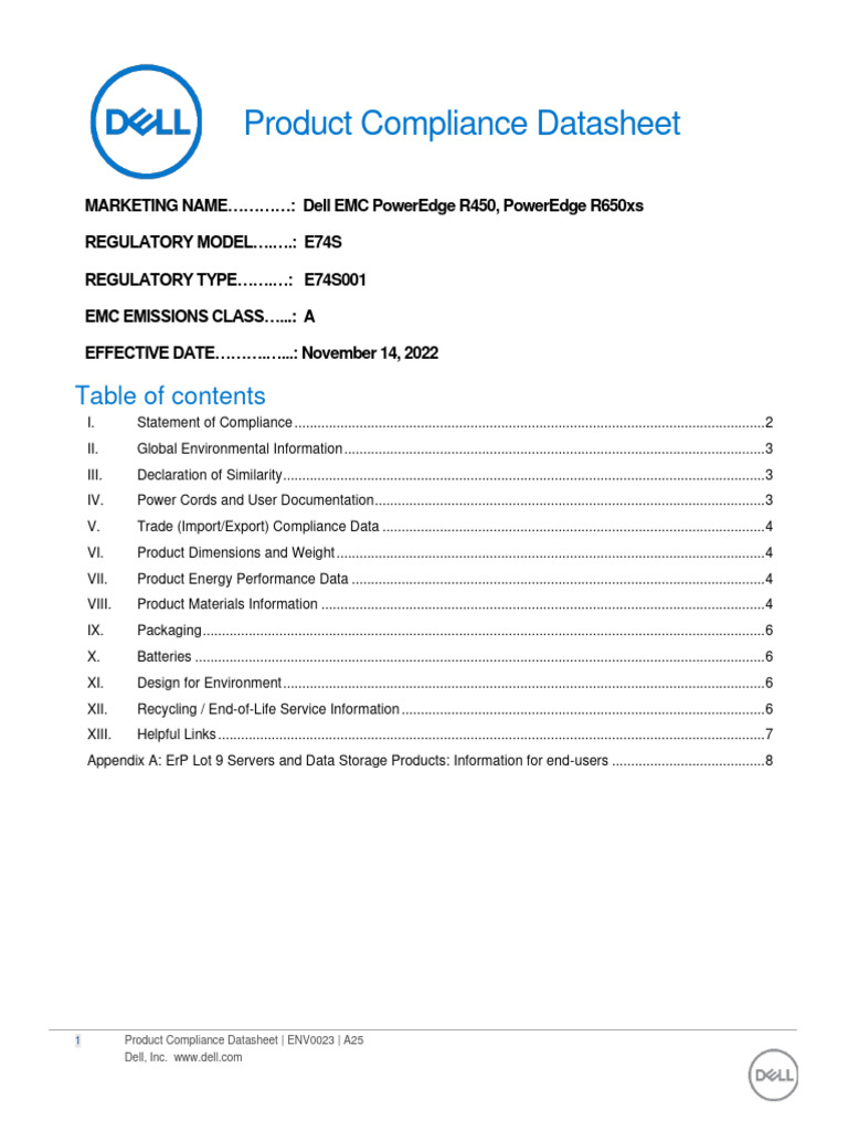 Dell Emc Poweredge Poweredge r650 Xs E74s E74s001 Dell Regulatory and ...