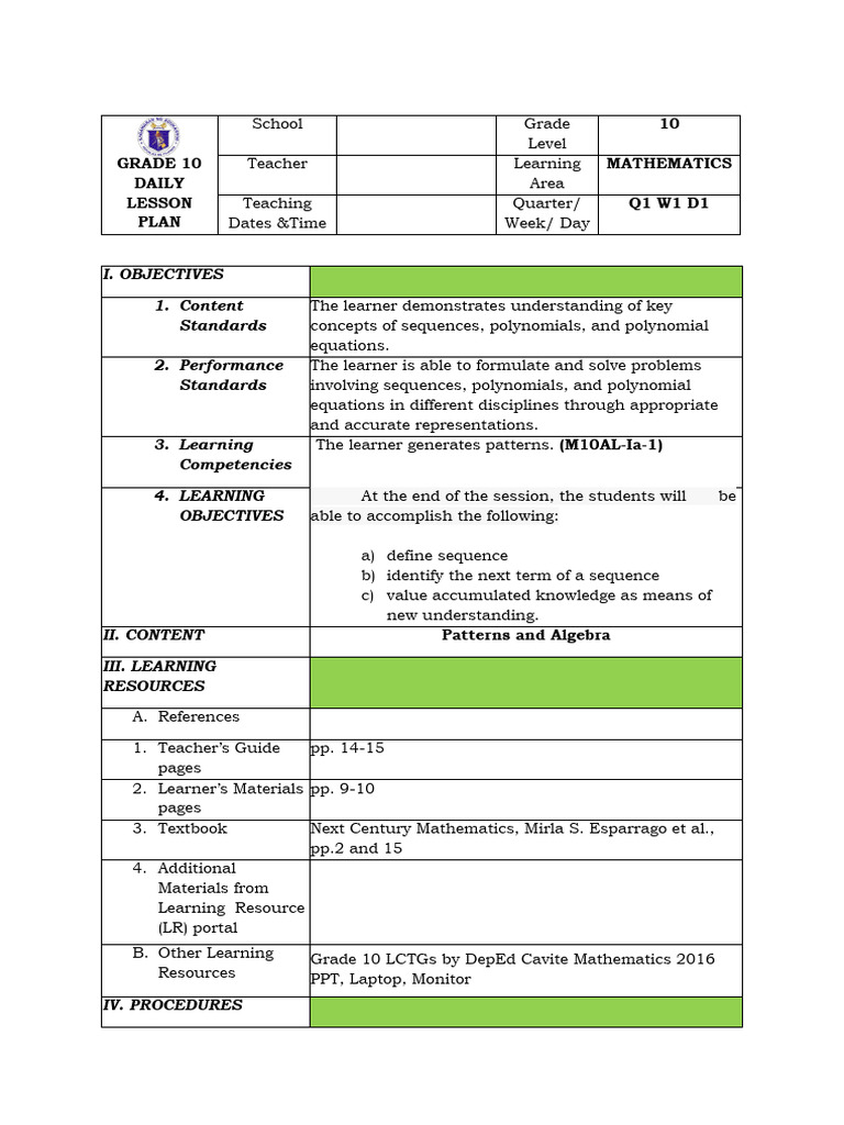 10 Mathematics Q1 W1 D1: I. Objectives 1. Content Standards 2. Performance Standards | PDF ...