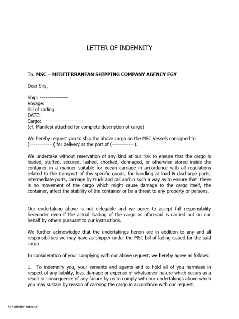 Letter of Indemnity: Sensitivity: Internal | PDF | Indemnity | Cargo