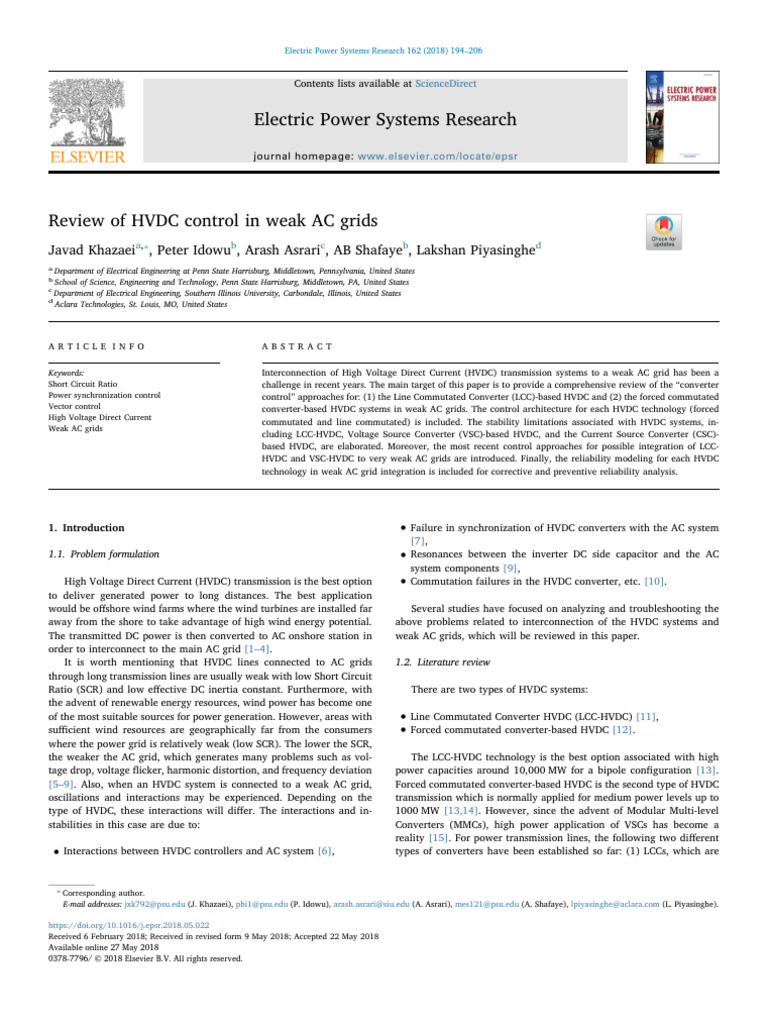 2018 Review Of Hvdc Control In Weak Ac Grids Pdf High Voltage Direct Current Electric