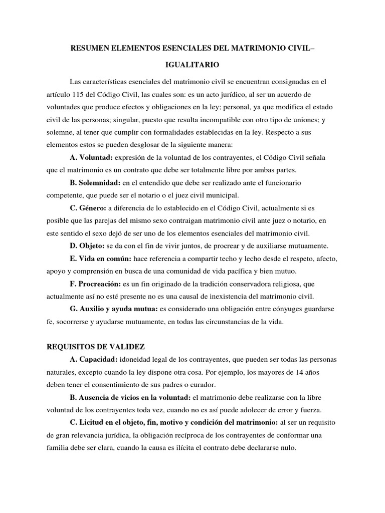 Resumen Elementos Esenciales Del Matrimonio | PDF | Divorcio | Matrimonio