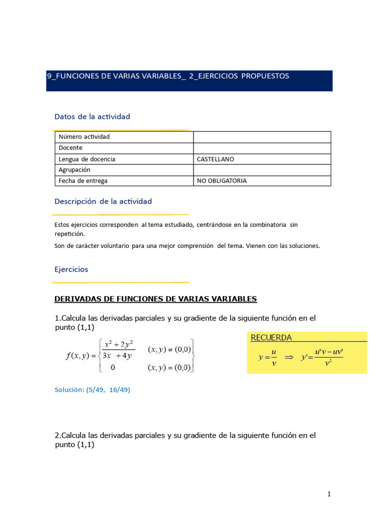 Funciones de Varias Variables - Ejercicios Soluciones | PDF | Métodos y materiales de enseñanza