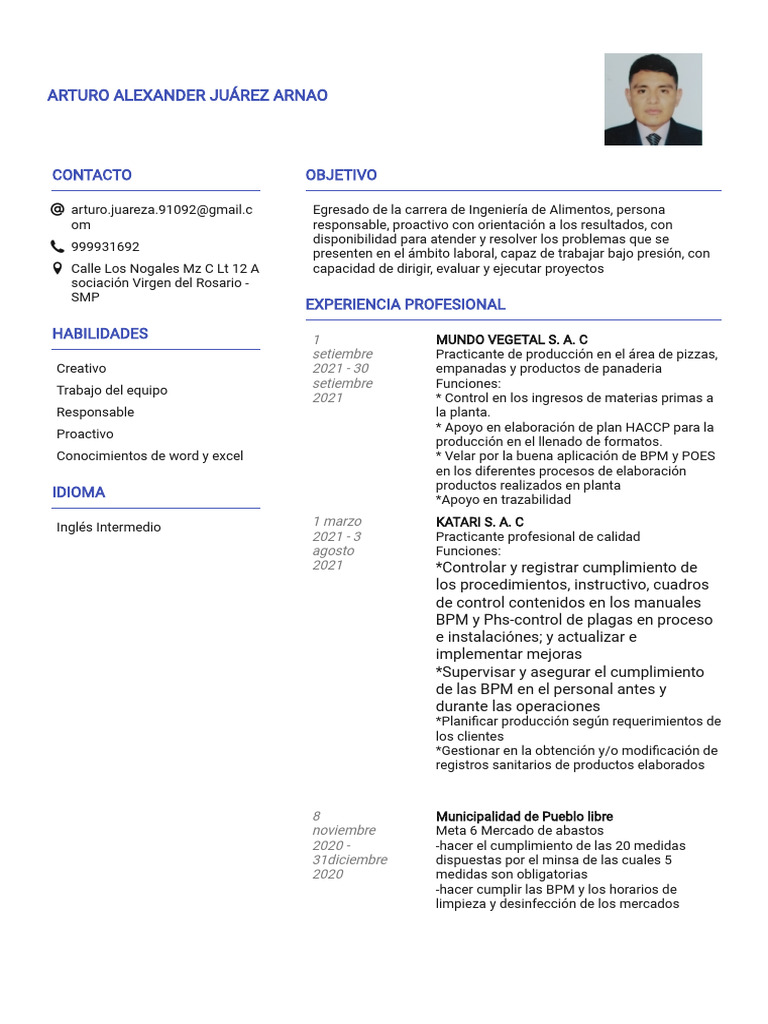 CV Arturo | PDF | Análisis de Riesgo y Puntos Críticos de Control | Saneamiento
