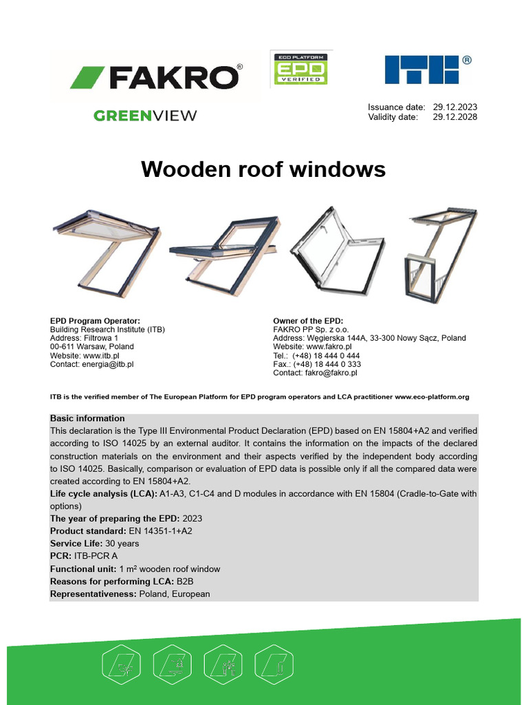 Epd Fakro Wooden Roof Windows 2023 | PDF | Window | Life Cycle Assessment