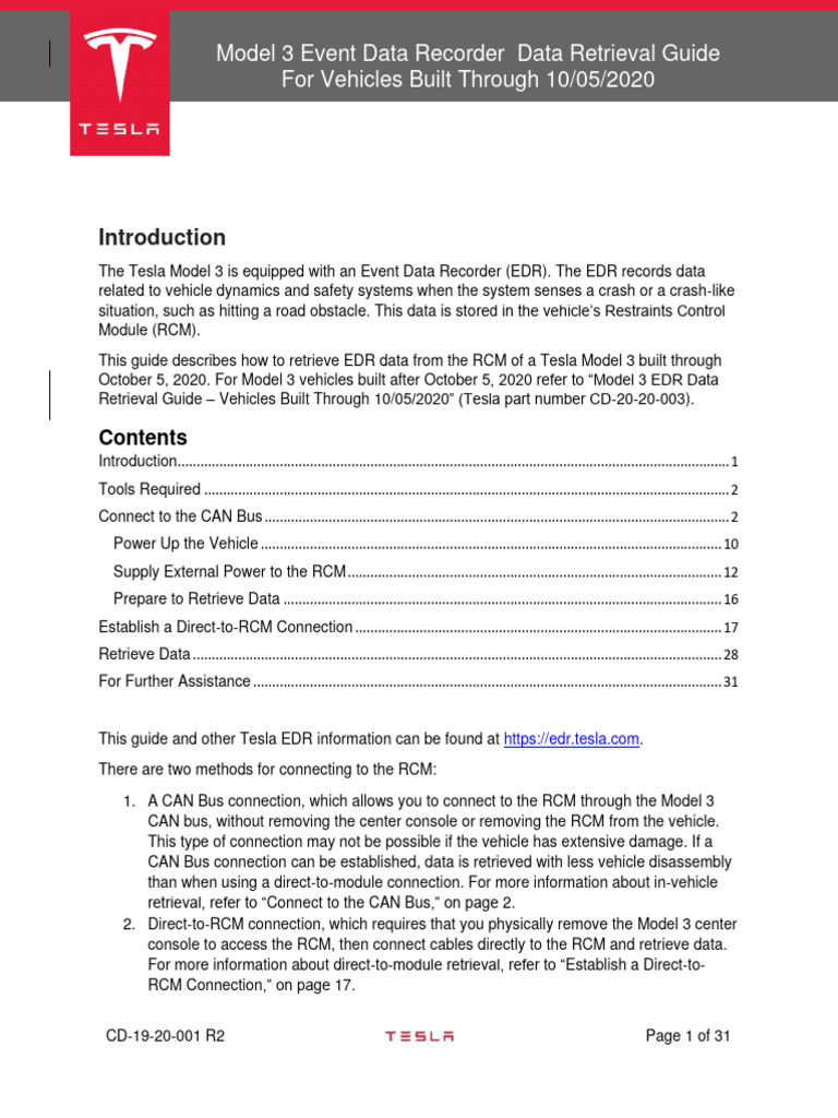 CD-19-20-001 Model 3 EDR Data Retrieval Guide | PDF | Automotive Technologies | Car