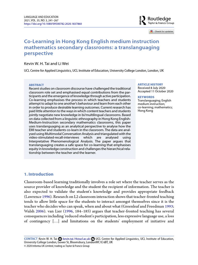 Co-Learning in Hong Kong English Medium Instruction Mathematics Secondary Classrooms A ...