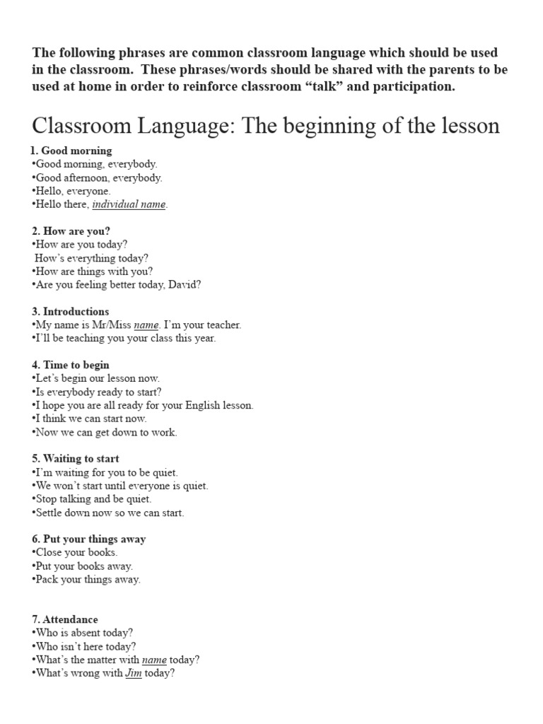 Classroom Language And Phrases Pdf Second Language
