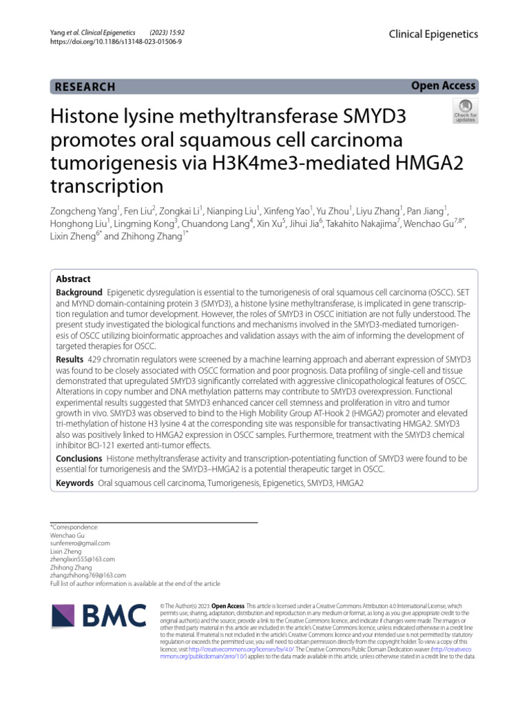 Histone Lysine Methyltransferase SMYD3 Promotes Oral Squamous Cell ...