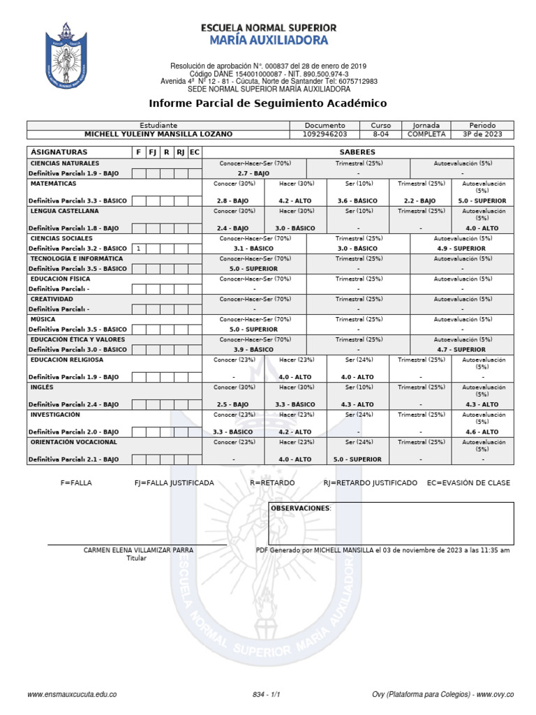 Informe Parcial de Seguimiento Acadmico | PDF
