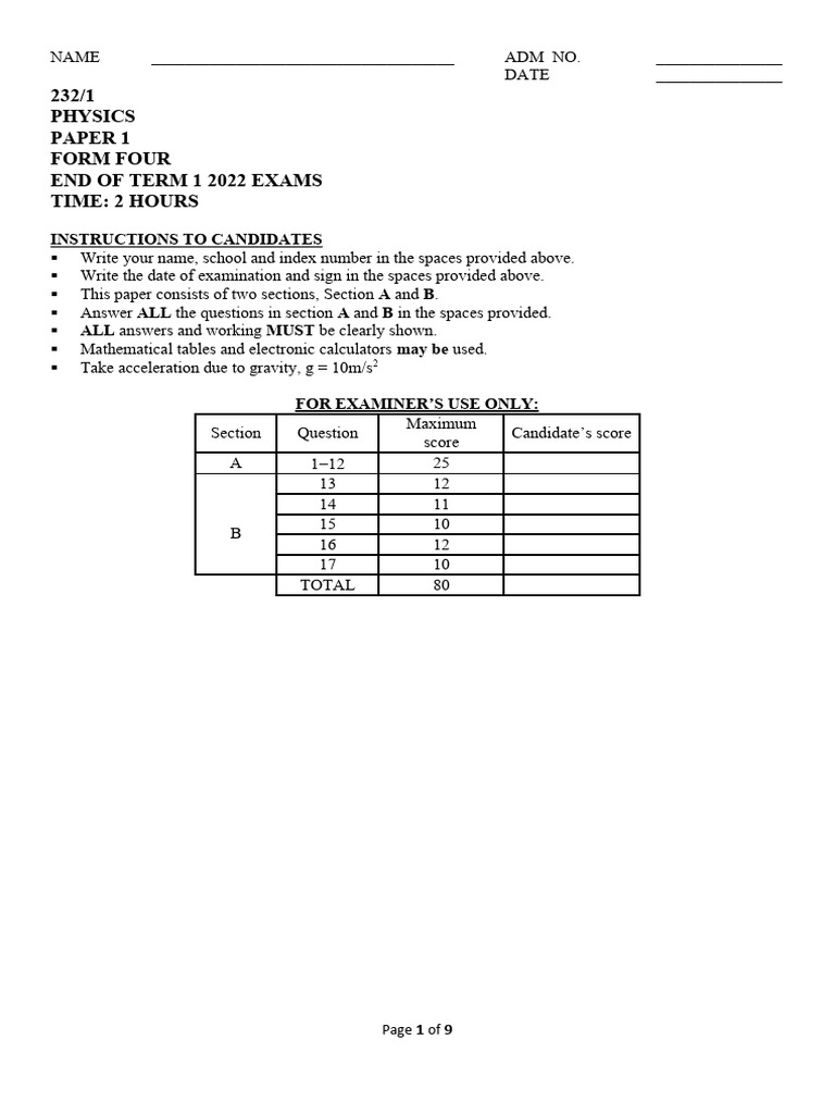 2022 KCSE Physics Paper 1 Exam | PDF | Collision | Density