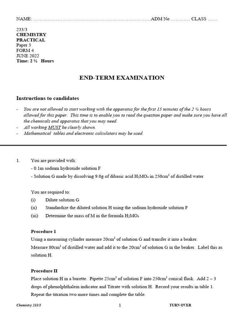 Chemistry PP3 QN Form 4 2022 End Term 1 Teacher - Co - .Ke | PDF ...