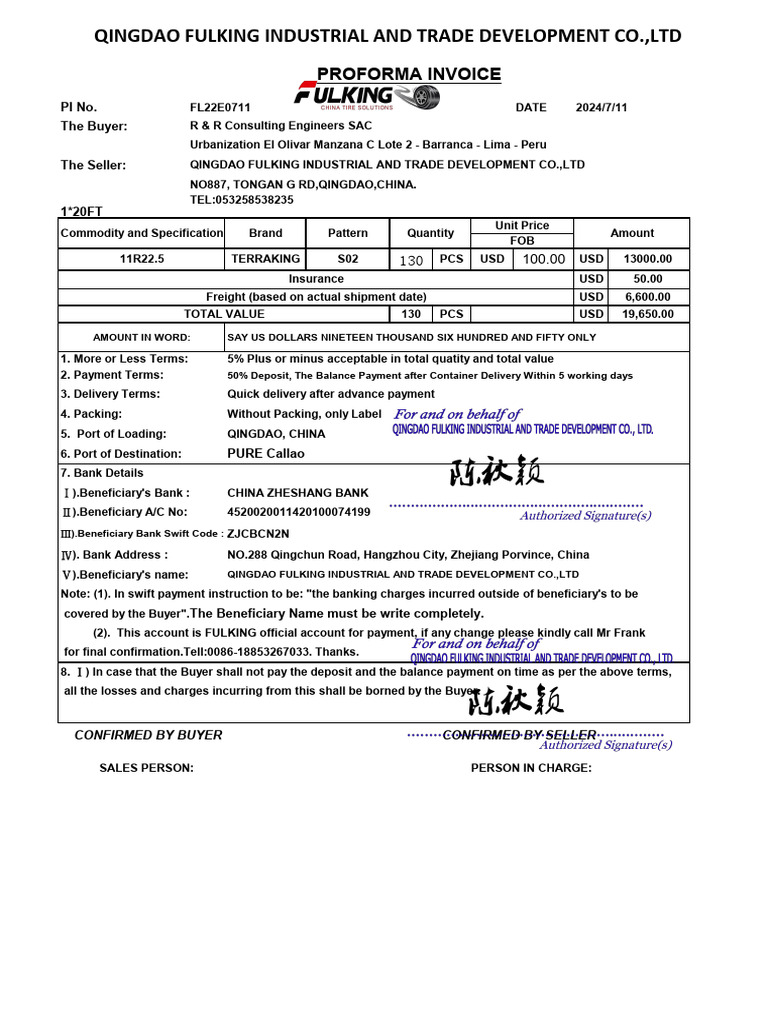 Qingdao Fulking Industrial and Trade Development Co.,Ltd: Proforma ...