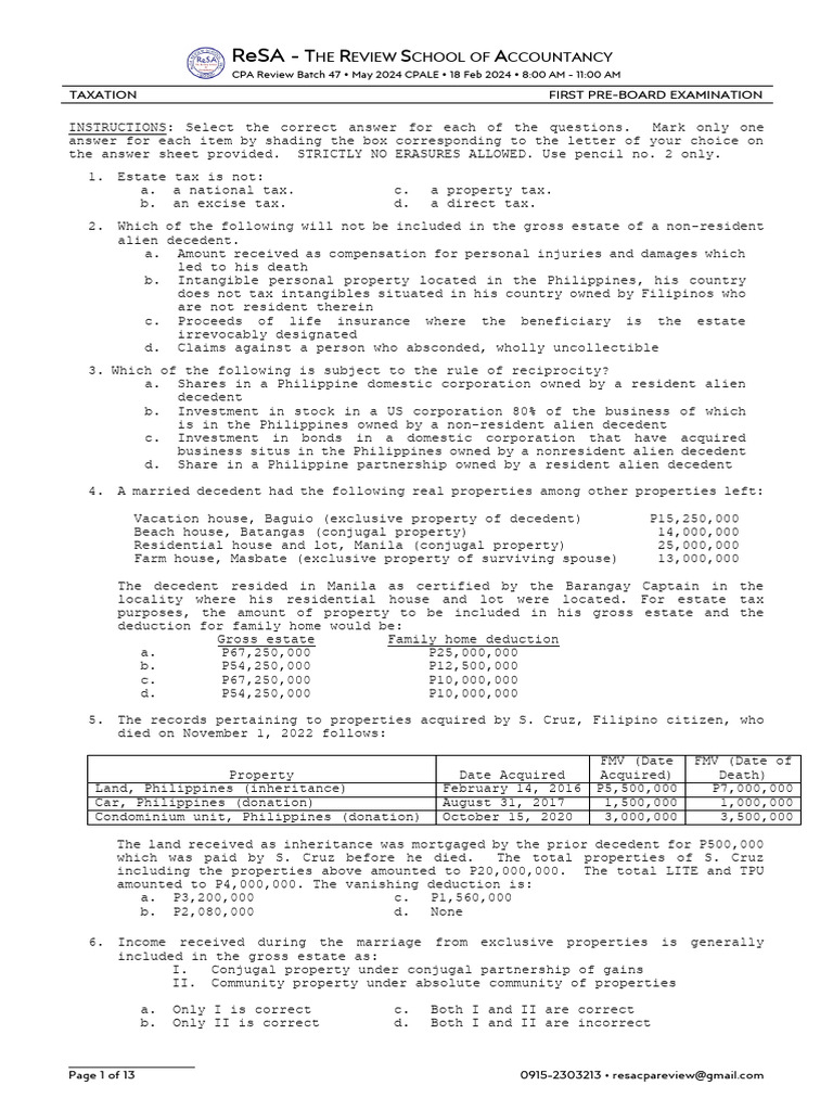 ReSA B47 TAX First PB Exam Questions Answers Solutions | PDF | Value ...