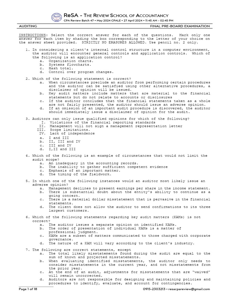 ReSA B47 AUD Final PB Exam - Questions, Answers & Solutions | PDF ...