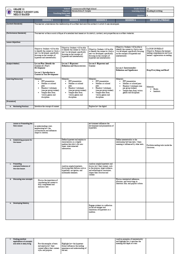 R&W Week 1 DLL | PDF | Intertextuality | Learning