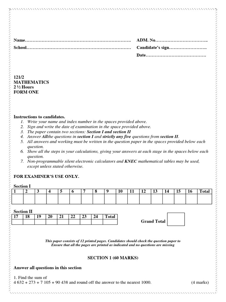 F 1 Mathematics Paper Form 1 Term 2 Exam 2018 | PDF | Interest ...