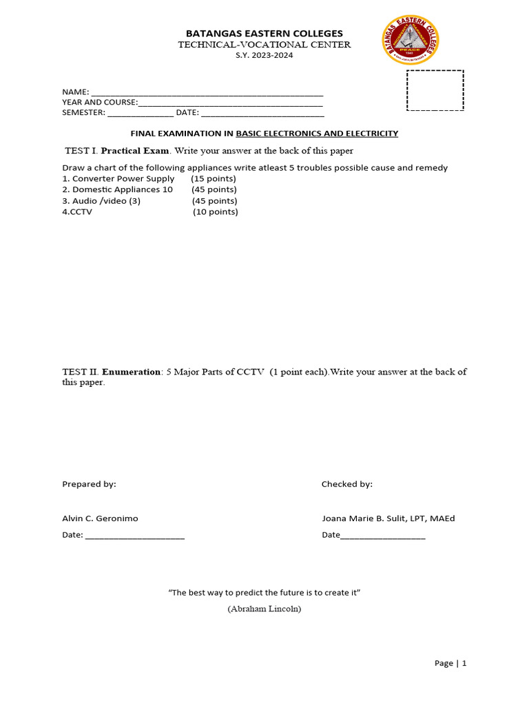 Basic Electronics Final Exam 2023-2024 | PDF
