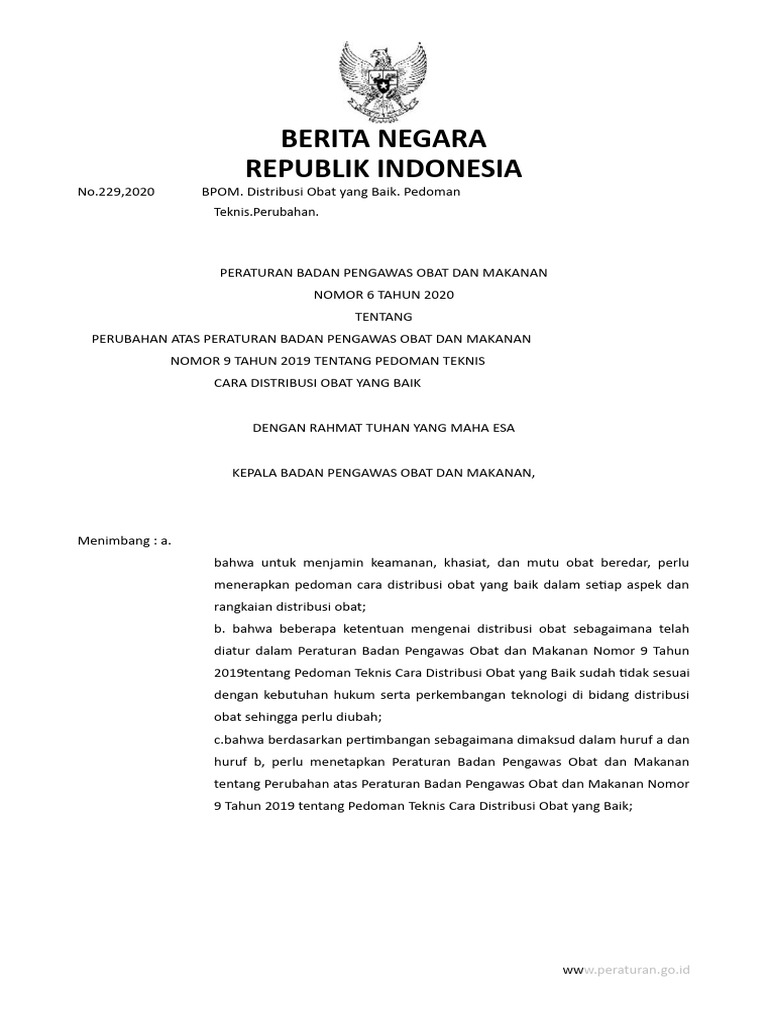 Peraturan BPOM Nomor 6 Tahun 2020 PEDOMAN TEKNIS CDOB | PDF ...