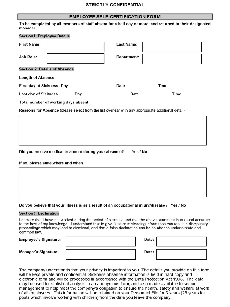 Self Certification Sickness Form | PDF | Medical Specialties | Medicine
