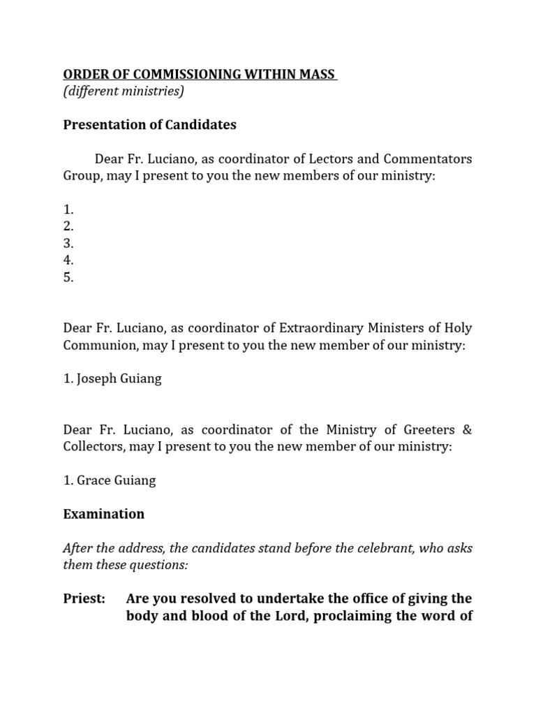 ORDER OF COMMISSIONING WITHIN MASS Different Ministries | PDF