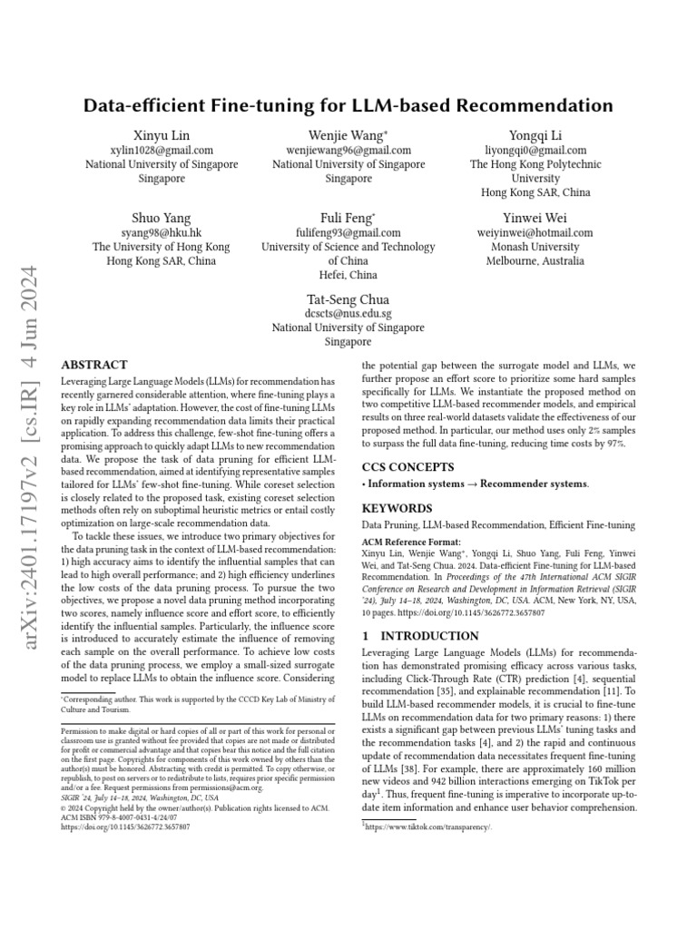 Data-Efficient Fine-Tuning For LLM-based Recommendation | PDF ...