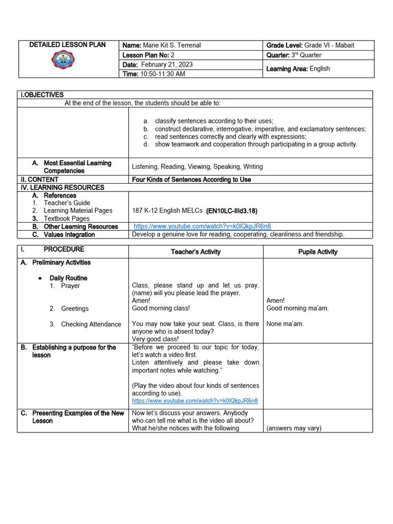 Detailed Lesson Plan - Q3 - W3 | PDF | Question | Sentence (Linguistics)