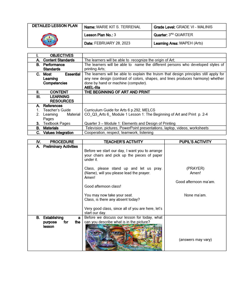 DETAILED LESSON PLAN - Arts - w1 | PDF | Printing | Lithography DETAILED LESSON PLAN - Arts - w1 | PDF | Printing | Lithography