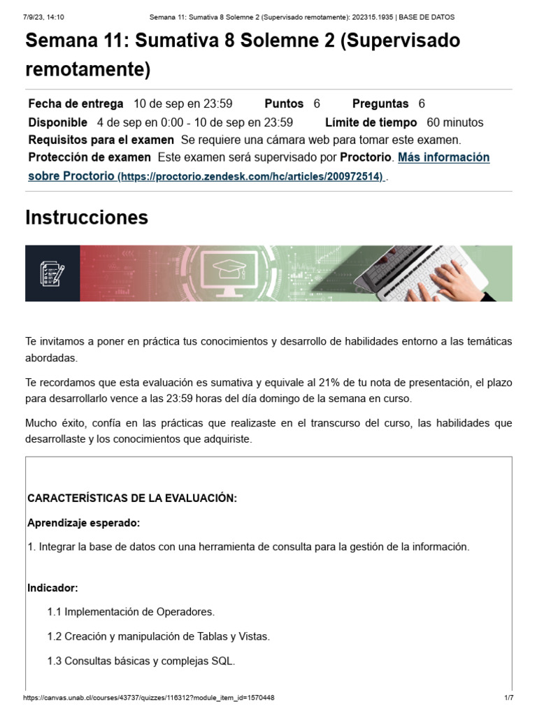 Semana 11 - Sumativa 8 Solemne 2 (Supervisado Remotamente) - 202315.1935 - BASE DE DATOS | PDF ...