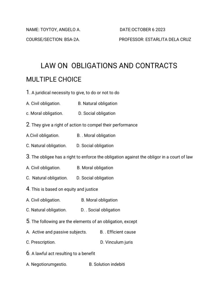 Pointers To Review Law On Obligation and Contracts | PDF | Law Of Obligations | Legal Ethics