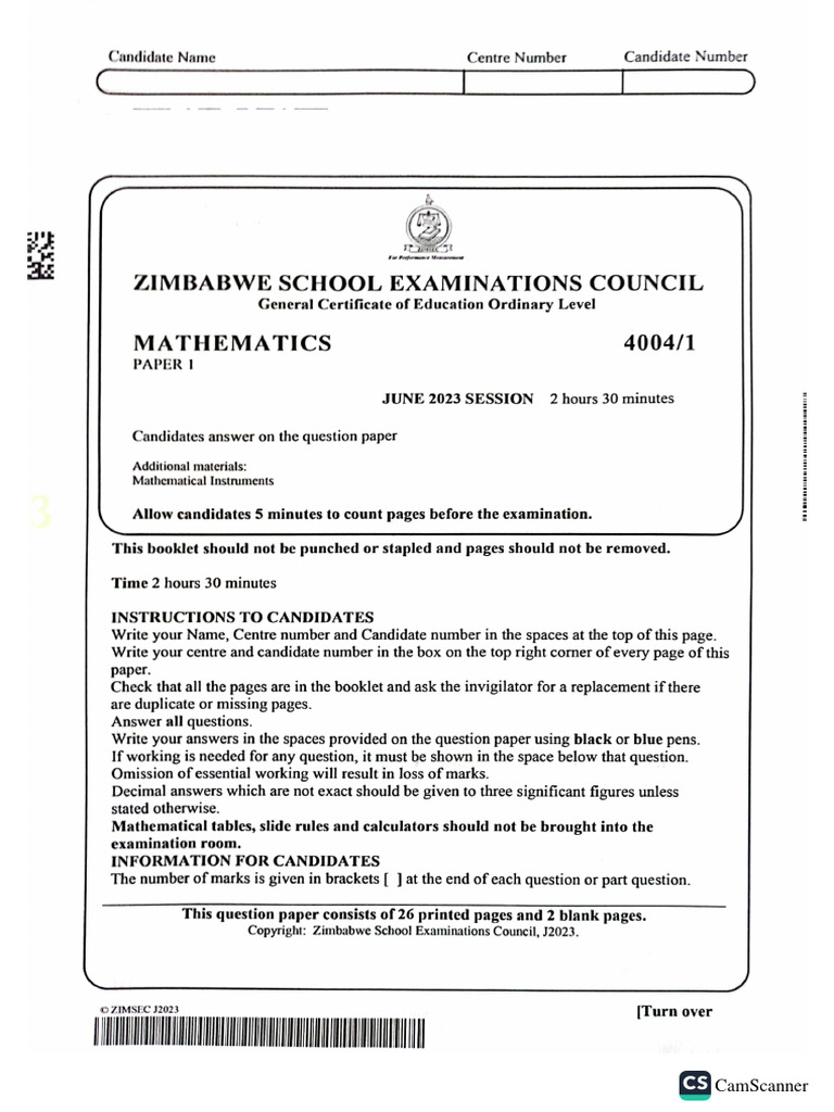 ZIMSEC O Level Maths Papers 2023 - 041532 | PDF