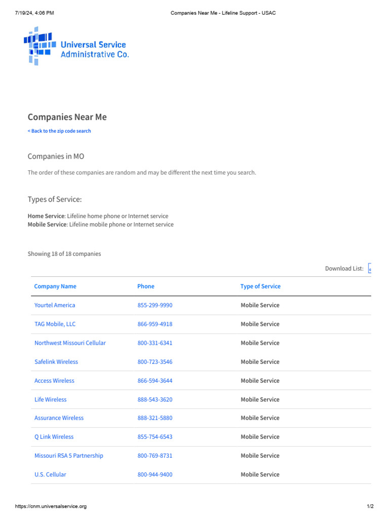 Companies Near Me - Lifeline Support - USAC | PDF