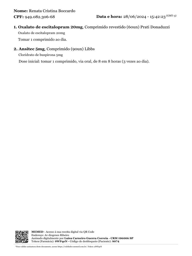 Receita de Ansitec 5mg e Escitalopram | PDF | Farmácia | Ciências ...